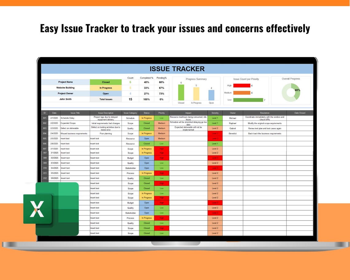 Issue Tracker Spreadsheet, Issue Tracker Excel, Issue Tracker, Issue ...