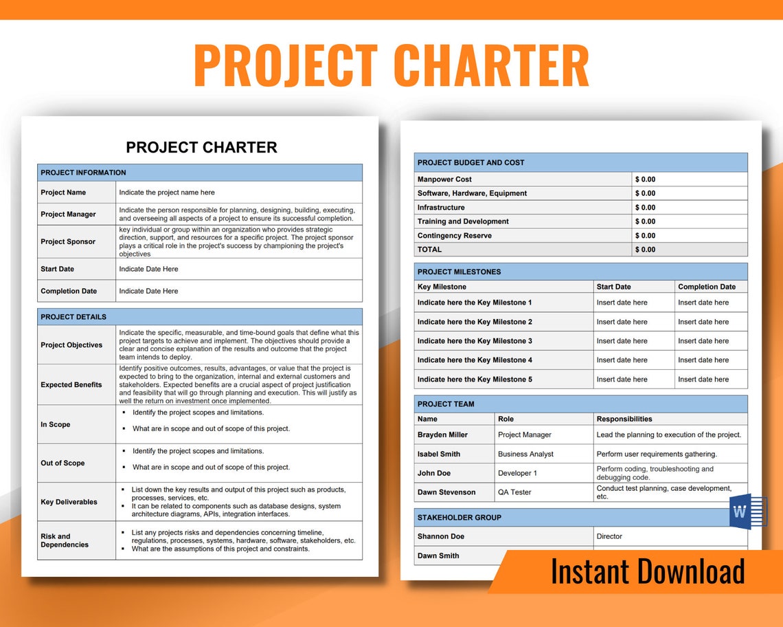 Project Charter Template Project Management Template Project - Etsy