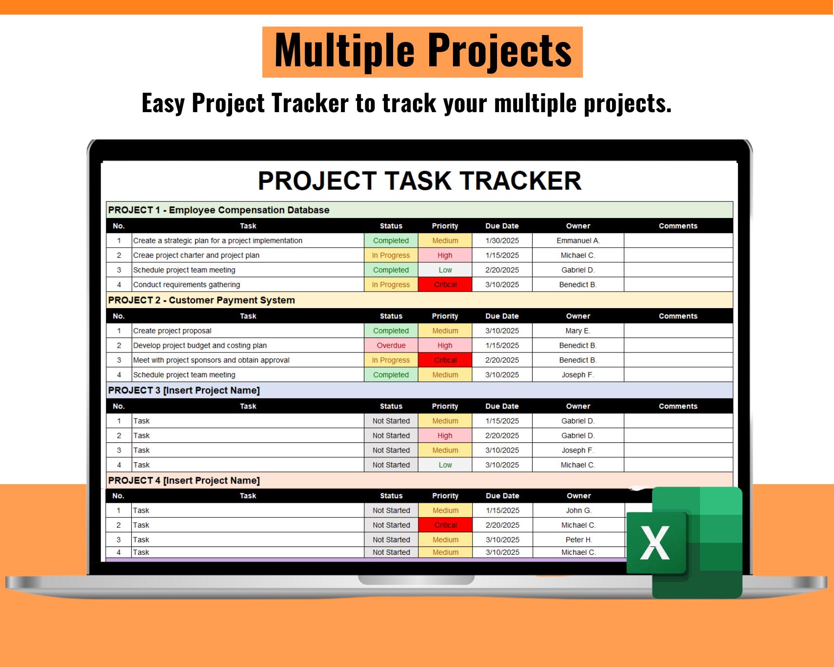 Project Task Tracker Spreadsheet, Project Management, Multiple Project ...