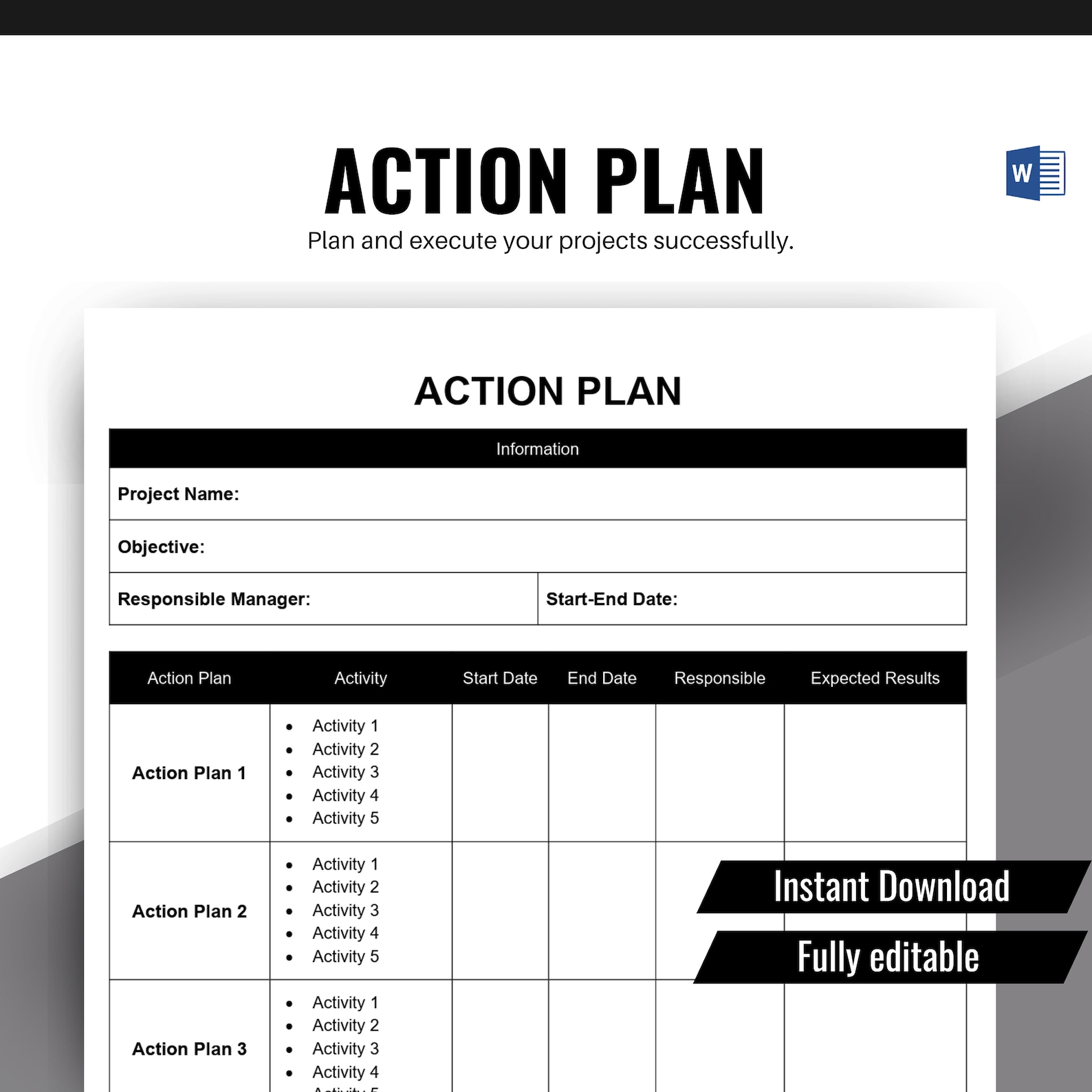 Action Plan Template, Project Action Plan, Project Plan, Task Planner ...