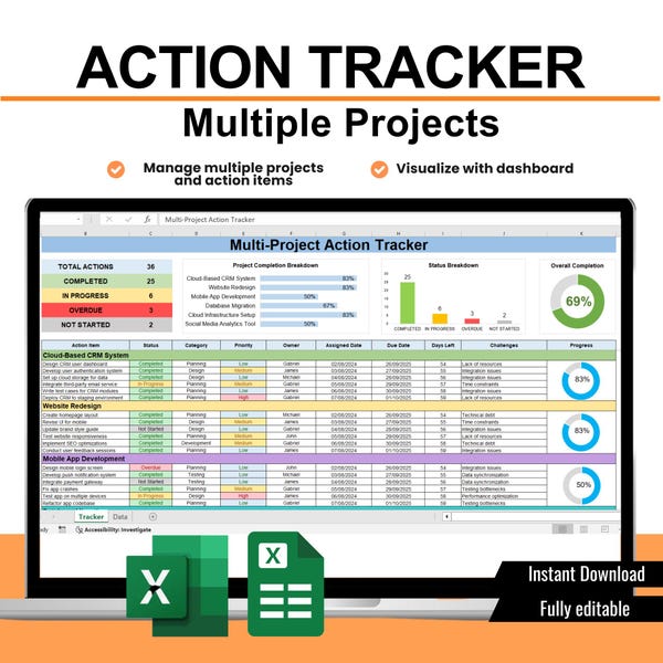Action Trackers Excel - Etsy UK