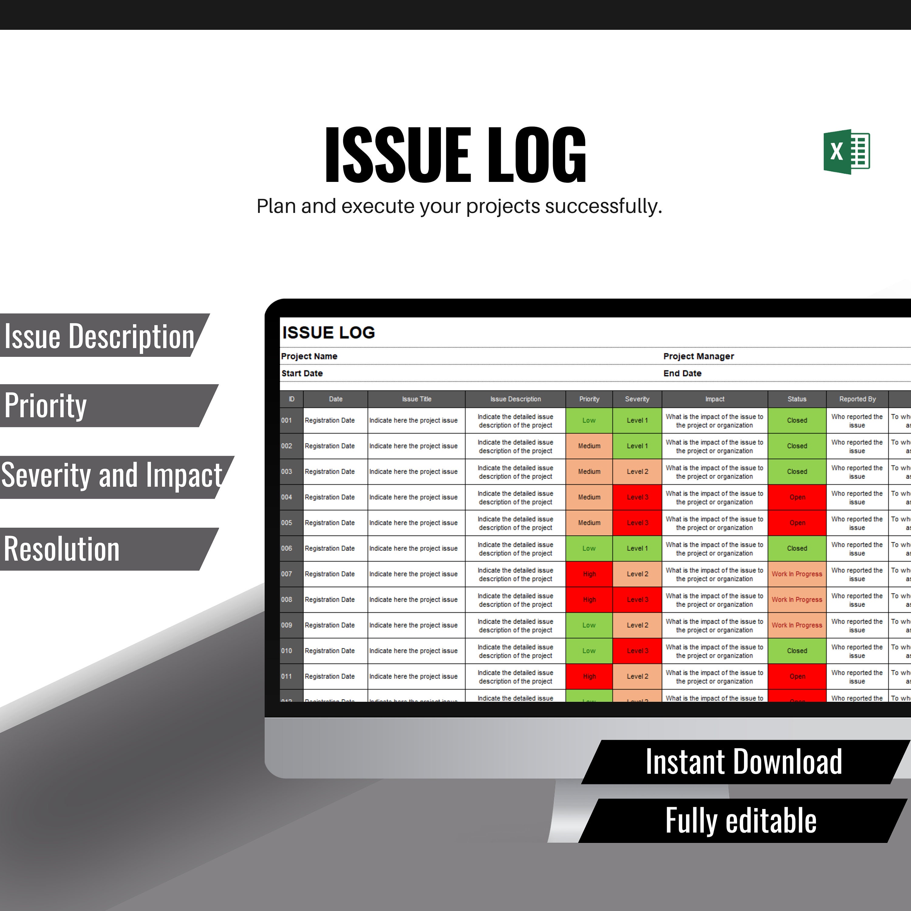 Issue Log, Issue Tracker, Issue Register, RAID Log, Issue Management, Project Management ...