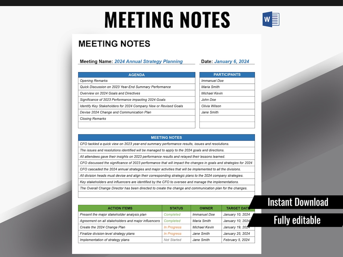 Meeting Notes, Meeting Minutes, Agenda, Editable Meeting Notes, Meeting ...