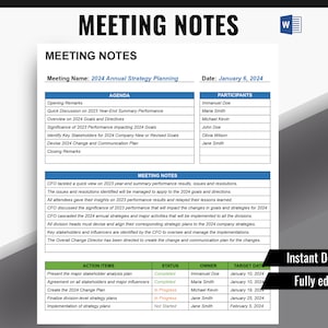 Meeting Notes, Meeting Minutes, Agenda, Editable Meeting Notes, Meeting ...