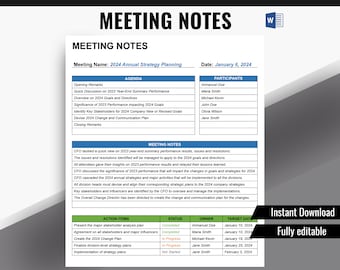 Meeting Notes, Meeting Minutes, Agenda, Editable Meeting Notes, Meeting ...