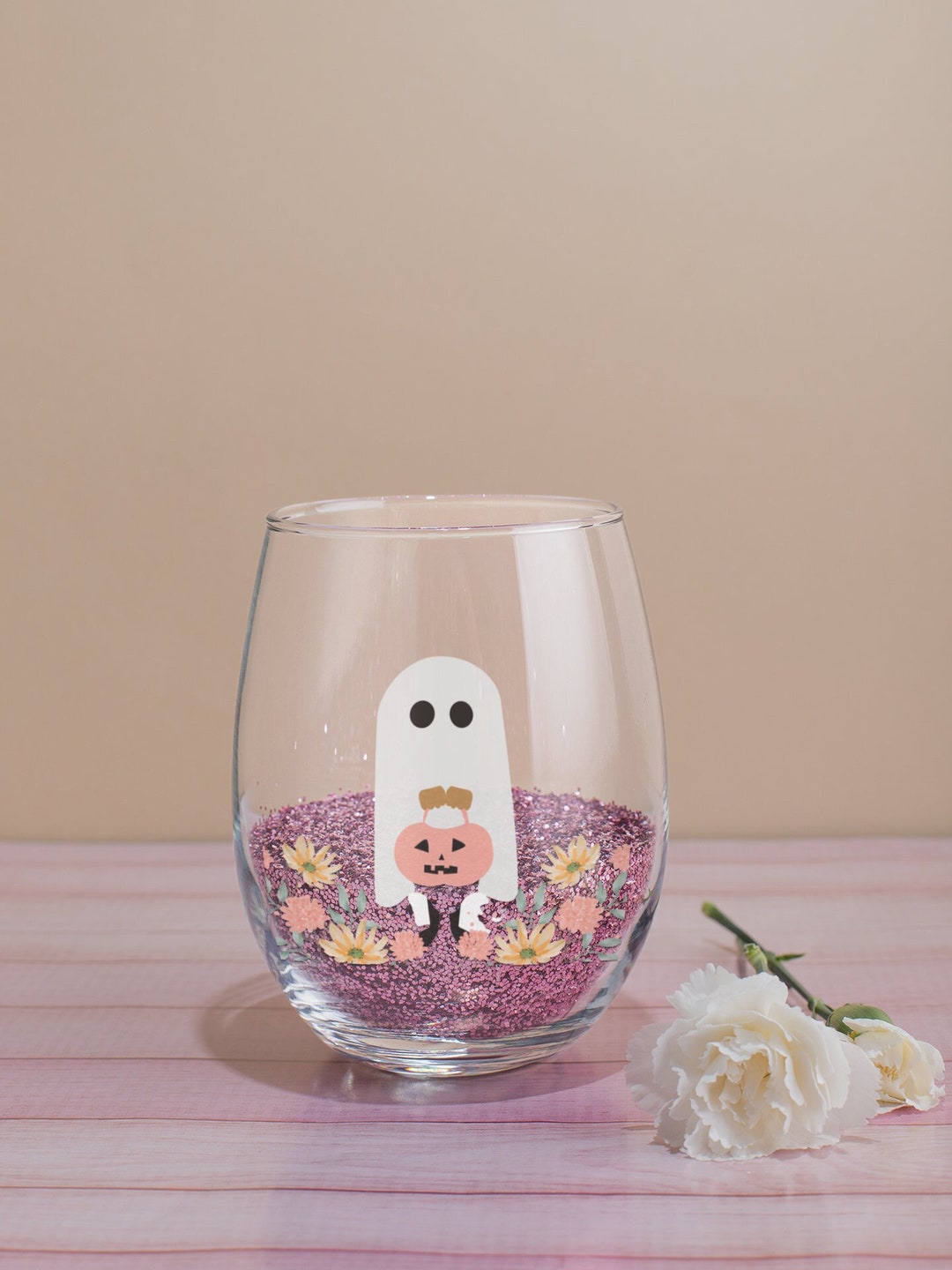 Halloween Stemless Wine Glass - Bohemian Flowers and Ghost Wine Design ...