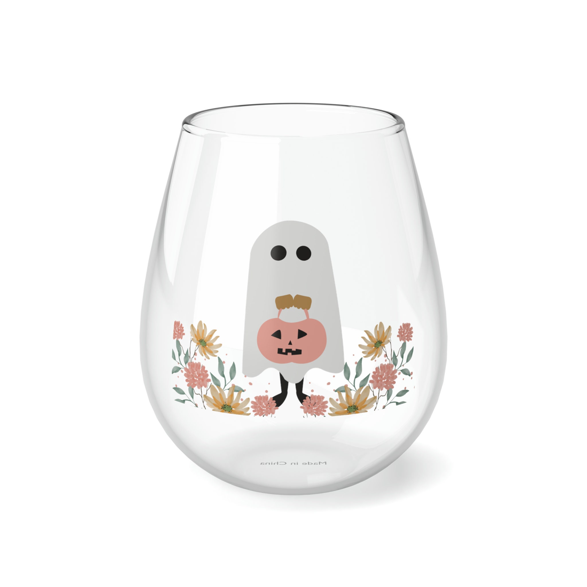 Halloween Stemless Wine Glass - Bohemian Flowers and Ghost Wine Design ...