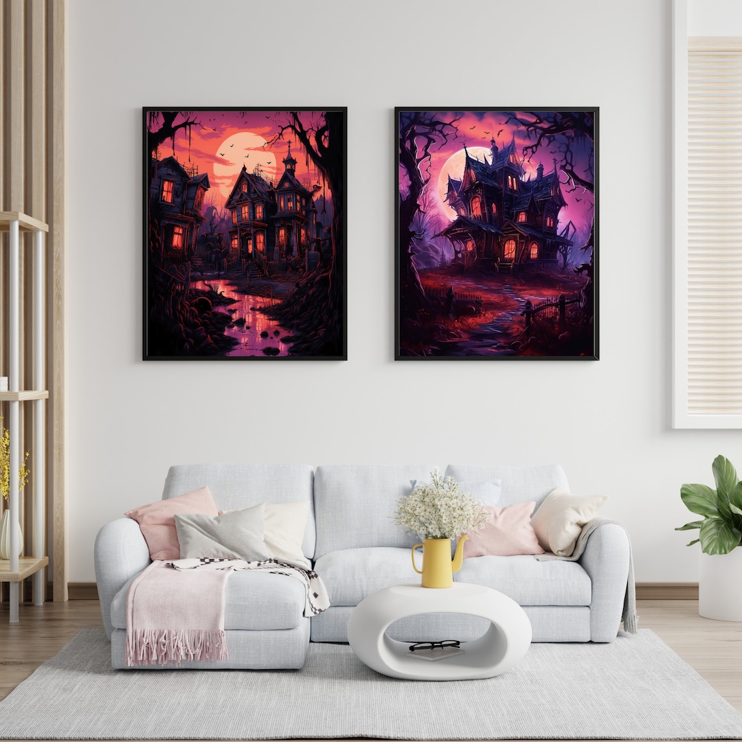 Set of 4 Haunted House Art Print,poster, Digital Illustration, Witch ...