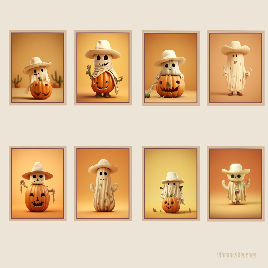 Set of 8 Halloween Posters, Cowboy Ghost Prints, Trick or Treat Poster ...