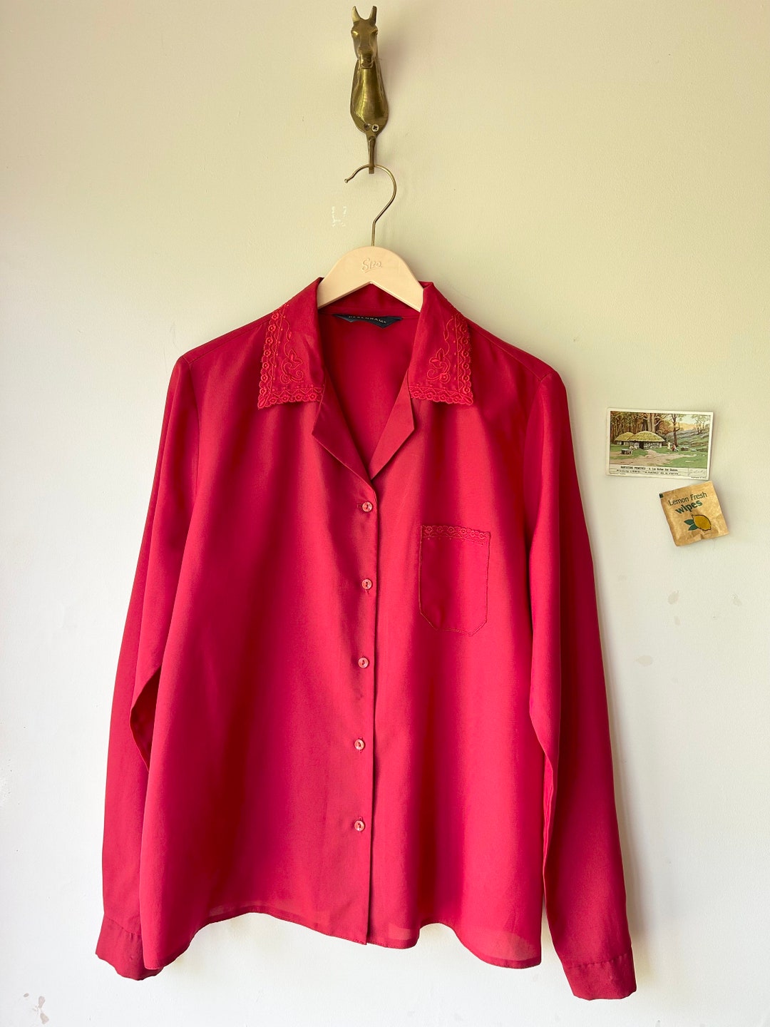 Vintage Red Shirt | Embroidered Collar Shirt | 1980s Blouse - Etsy