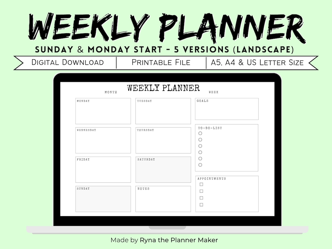Weekly Planner Printable Landscape Weekly Schedule Weekly - Etsy
