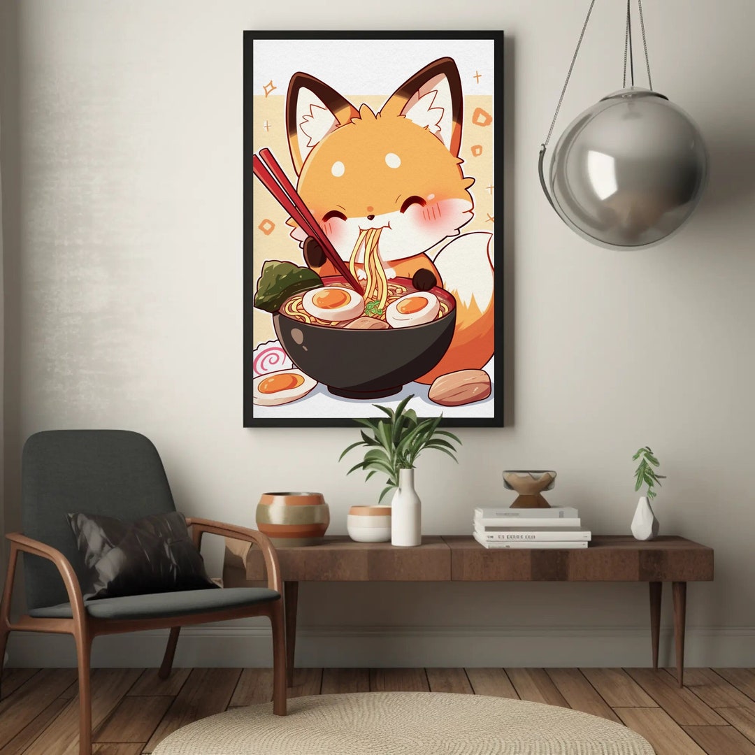 Cute Kawaii Fox Eating Ramen Poster, Sweet and Cute, Japanese Wall Art ...