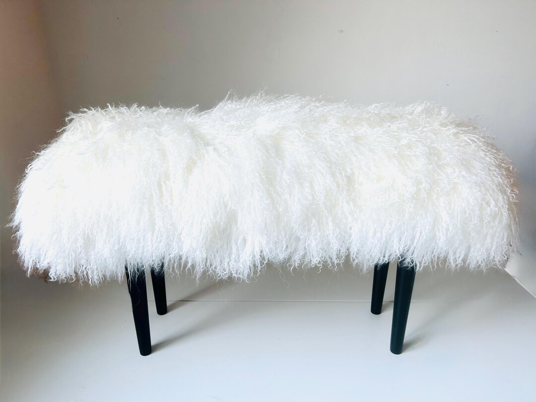 Mongolian Fur Bench: Genuine Tibetan Sheepskin, Solid Wood, Matt Black ...