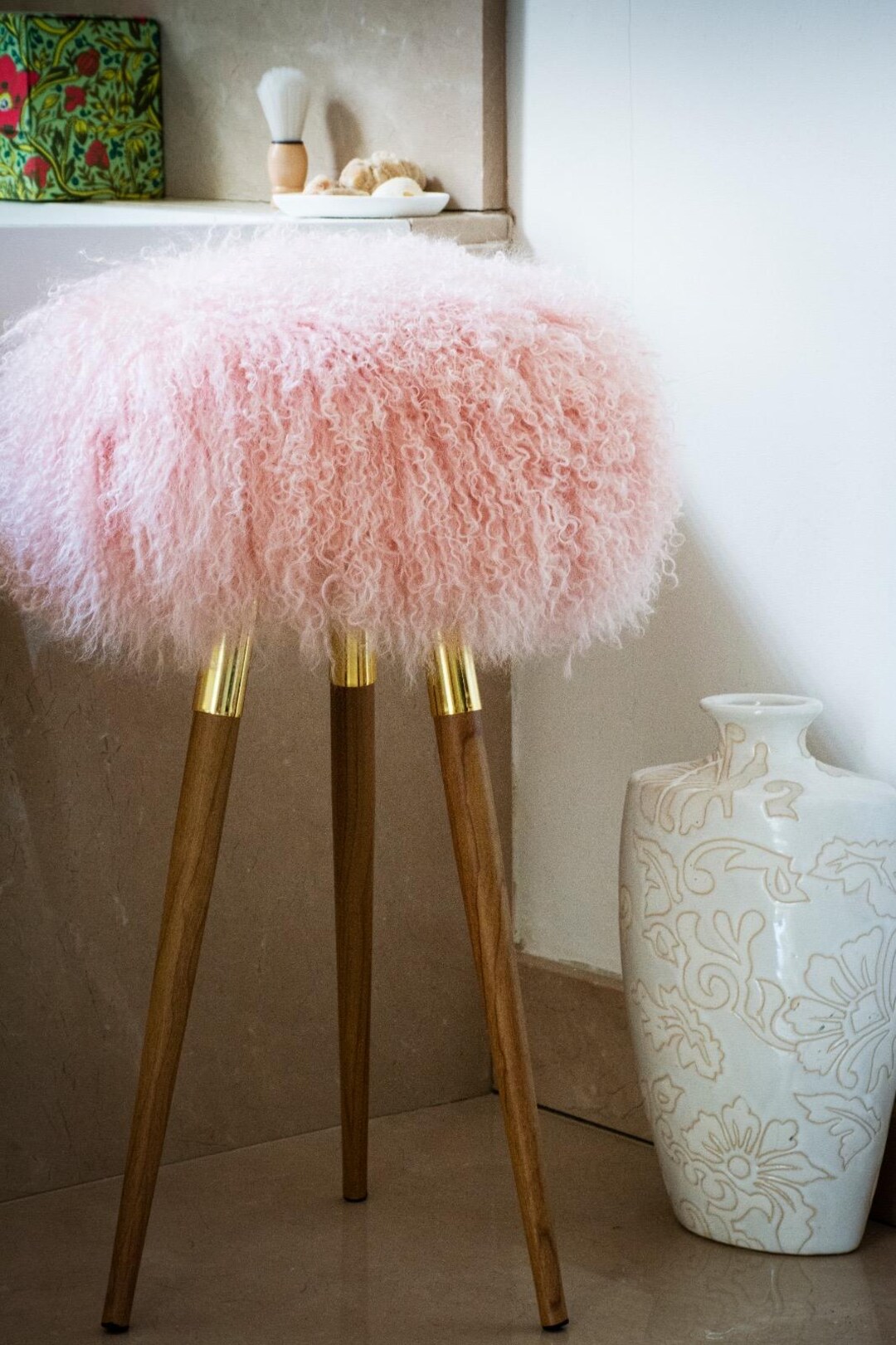 Blush Pink Mongolian Fur Stool: Round Vanity Seating, Wood + Gold Legs ...
