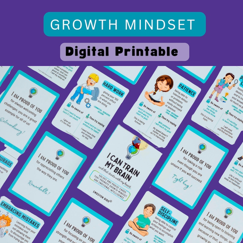 Growth Mindset Cards for Kids: Printable Affirmations, Process Praise ...