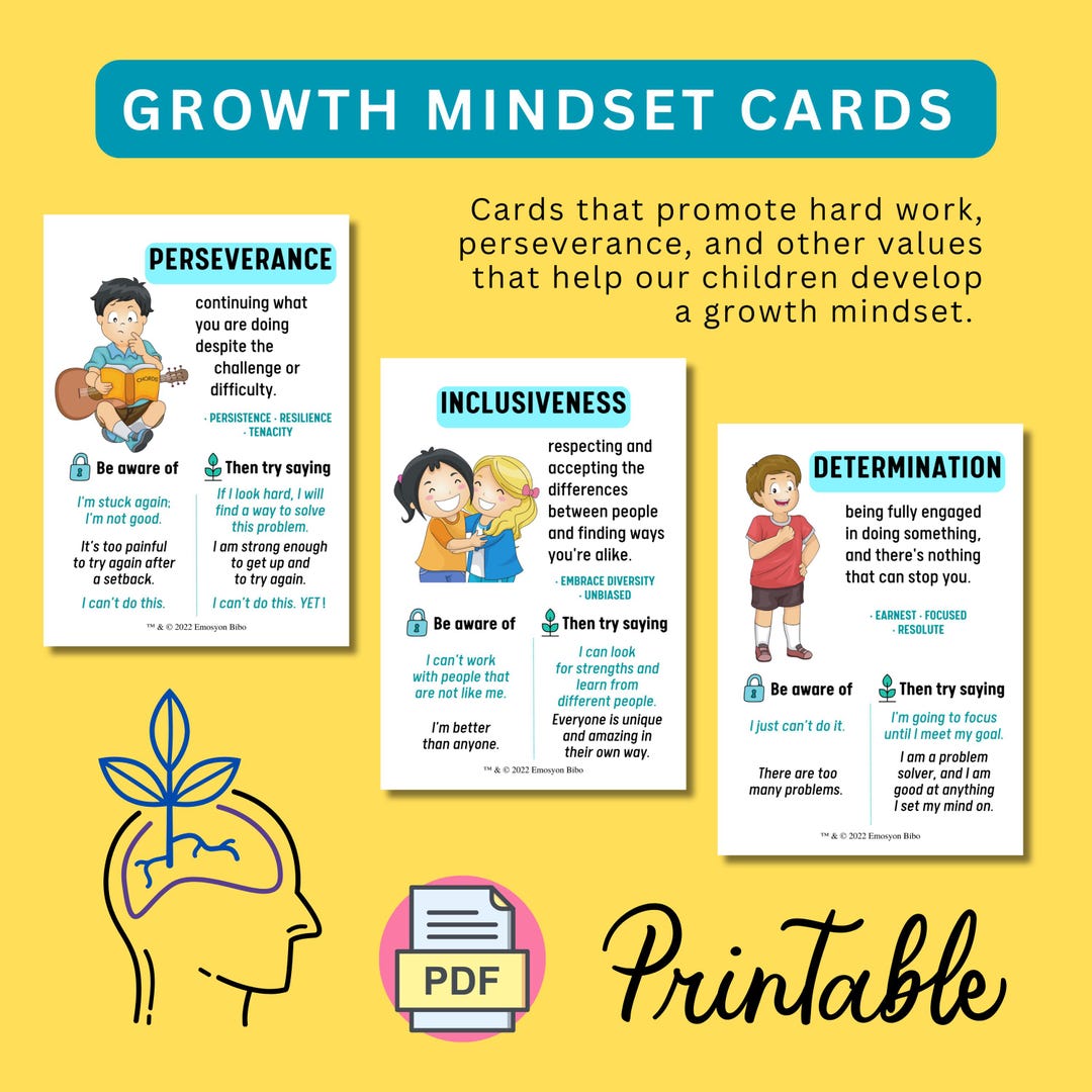 Growth Mindset Cards for Kids: Printable Affirmations, Process Praise ...