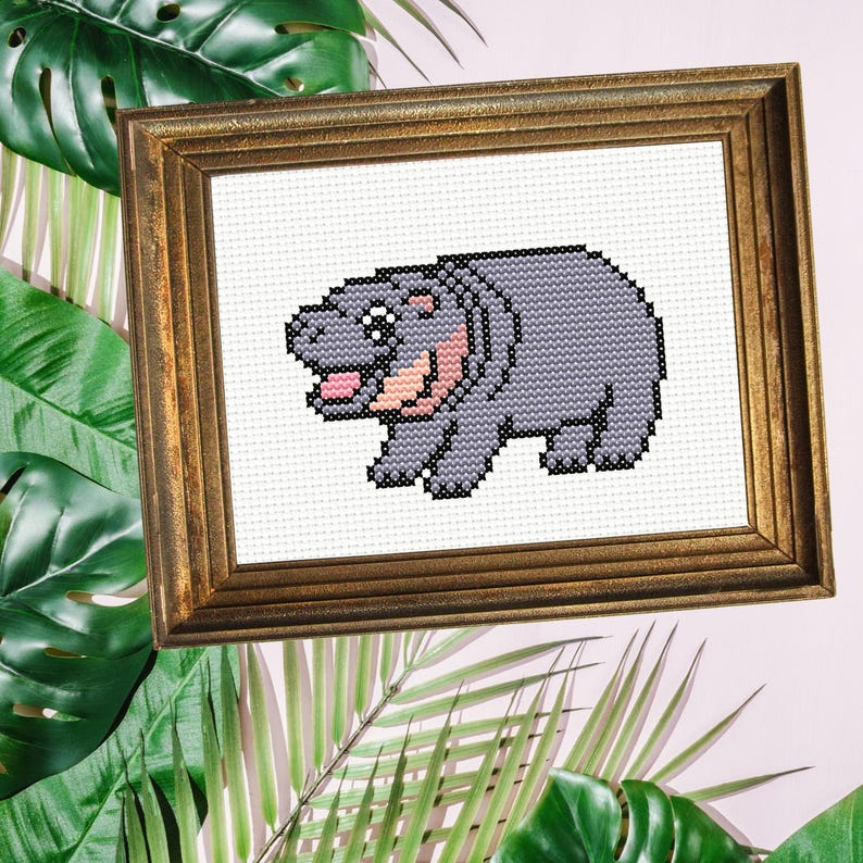 Cute Baby Hippo Cross Stitch Pattern – Moo Deng Hippo DIY Embroidery ...