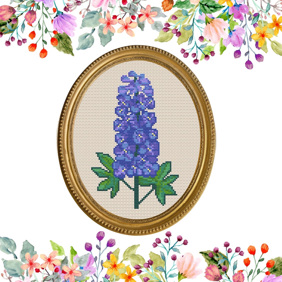 Larkspur Cross Stitch Pattern Birth Month July Flowers Embroidery Birth ...