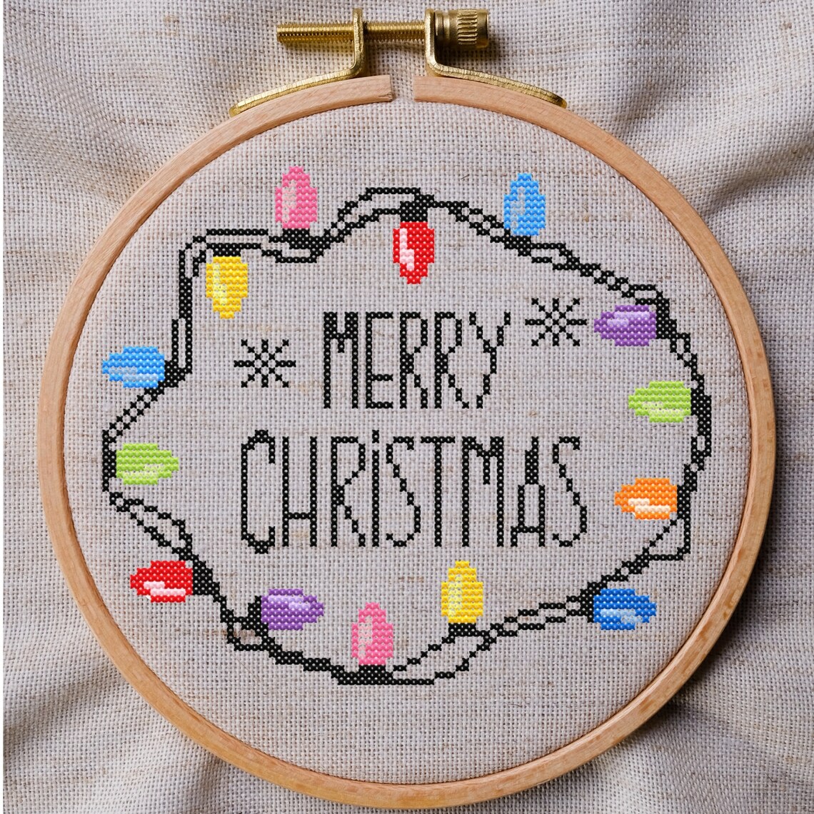 Christmas Lights Cross Stitch Pattern, Colorful Light Bulbs Merry ...