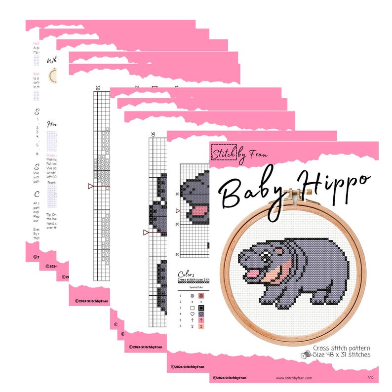 Cute Baby Hippo Cross Stitch Pattern – Moo Deng Hippo DIY Embroidery - Small & Easy Embroidery ...