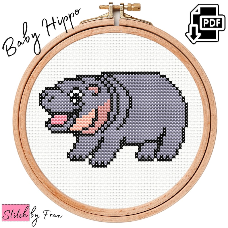 Cute Baby Hippo Cross Stitch Pattern – Moo Deng Hippo DIY Embroidery - Small & Easy Embroidery ...