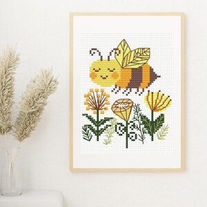 Adorable Bee Cross Stitch Pattern – Cute Bee and Yellow Flowers, Easy ...