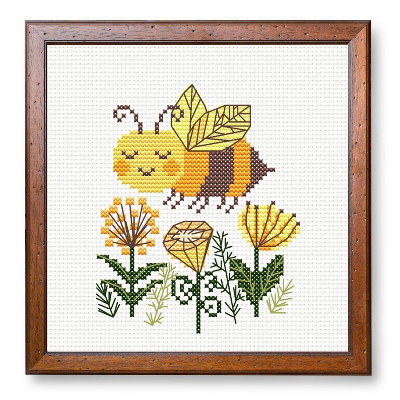 Adorable Bee Cross Stitch Pattern – Cute Bee and Yellow Flowers, Easy ...