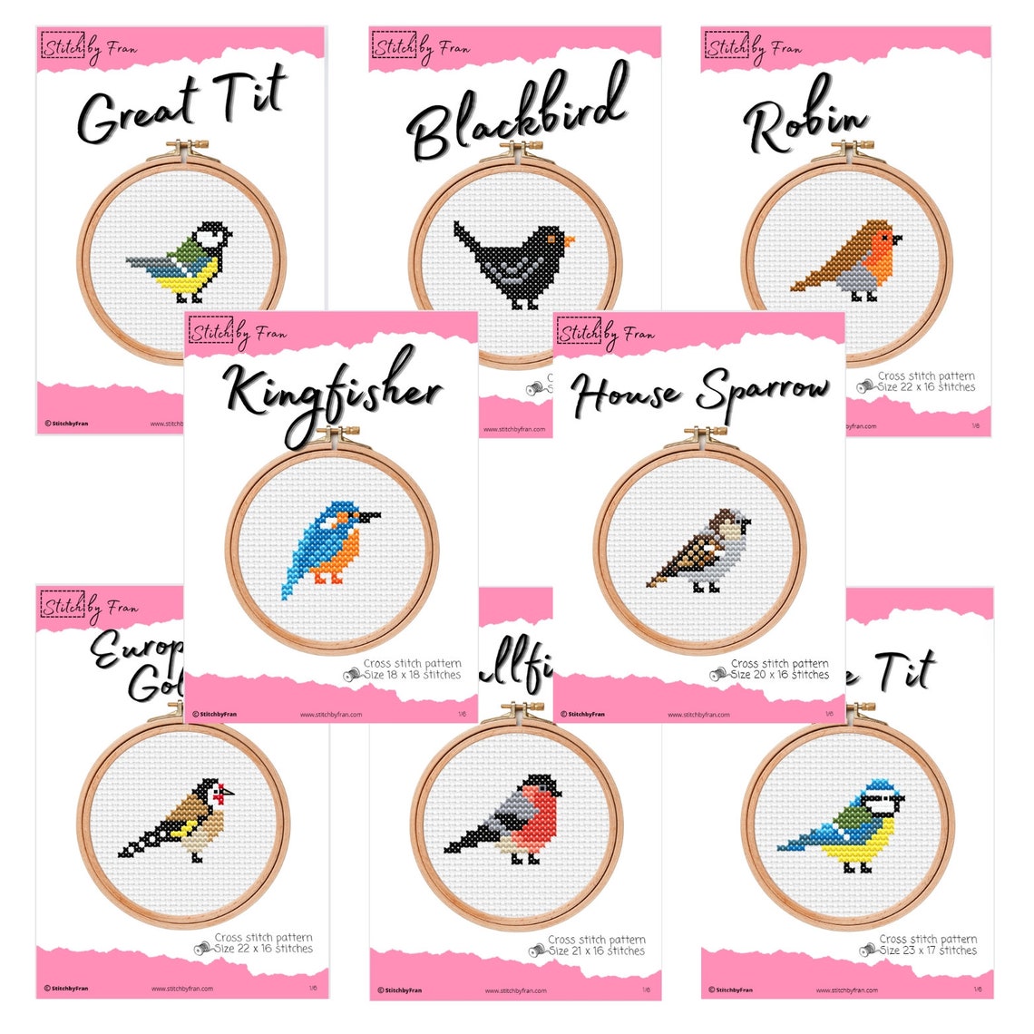 Birds Cross Stitch Pattern - Pack of 8 Embroidery Patterns - Easy Bird ...