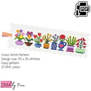 Flower Bookmark Cross Stitch Pattern, Flowering Pots Embroidery, Plant ...