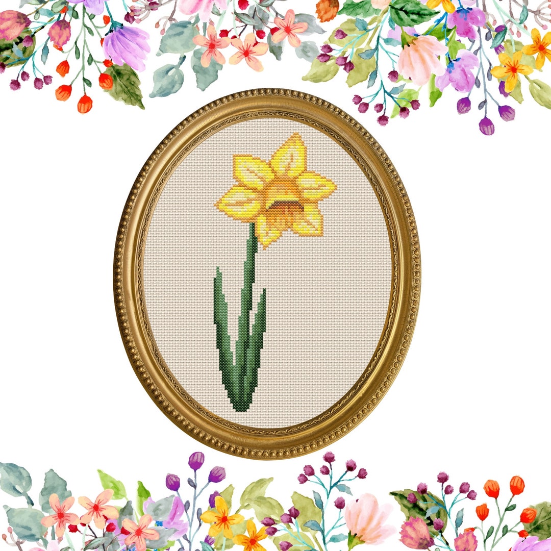 March Daffodil Birth Month Flower Cross Stitch Pattern Floral Embroidery Daffodil Flower Baby ...