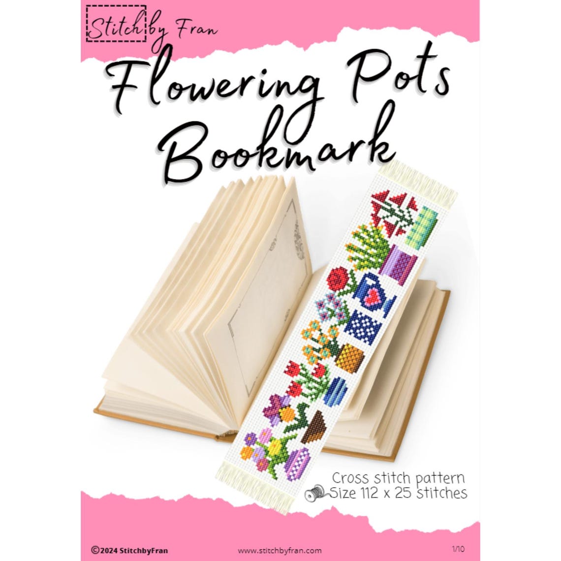 Flower Bookmark Cross Stitch Pattern, Flowering Pots Embroidery, Plant ...