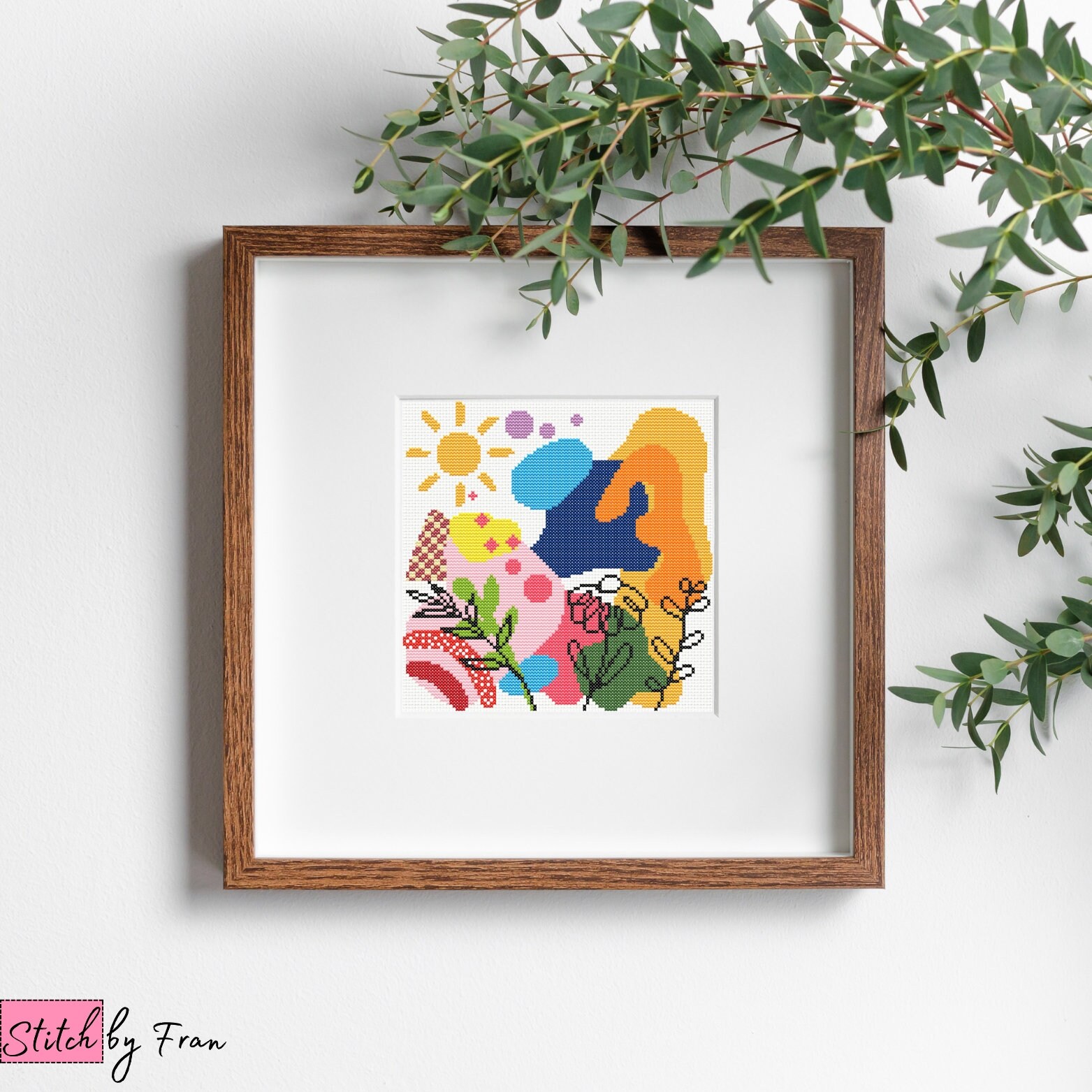 Modern Art Cross Stitch Pattern Colorful Shapes With Floral Line ...