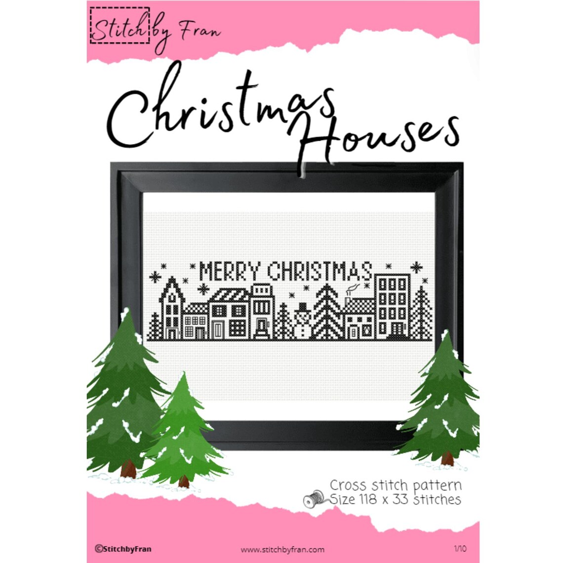 Christmas One Color Cross Stitch Pattern - Xmas Houses Landscape ...