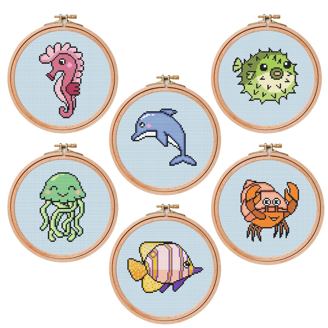Set of 6 Sea Animals Cross Stitch Patterns, Pufferfish, Yellyfish ...