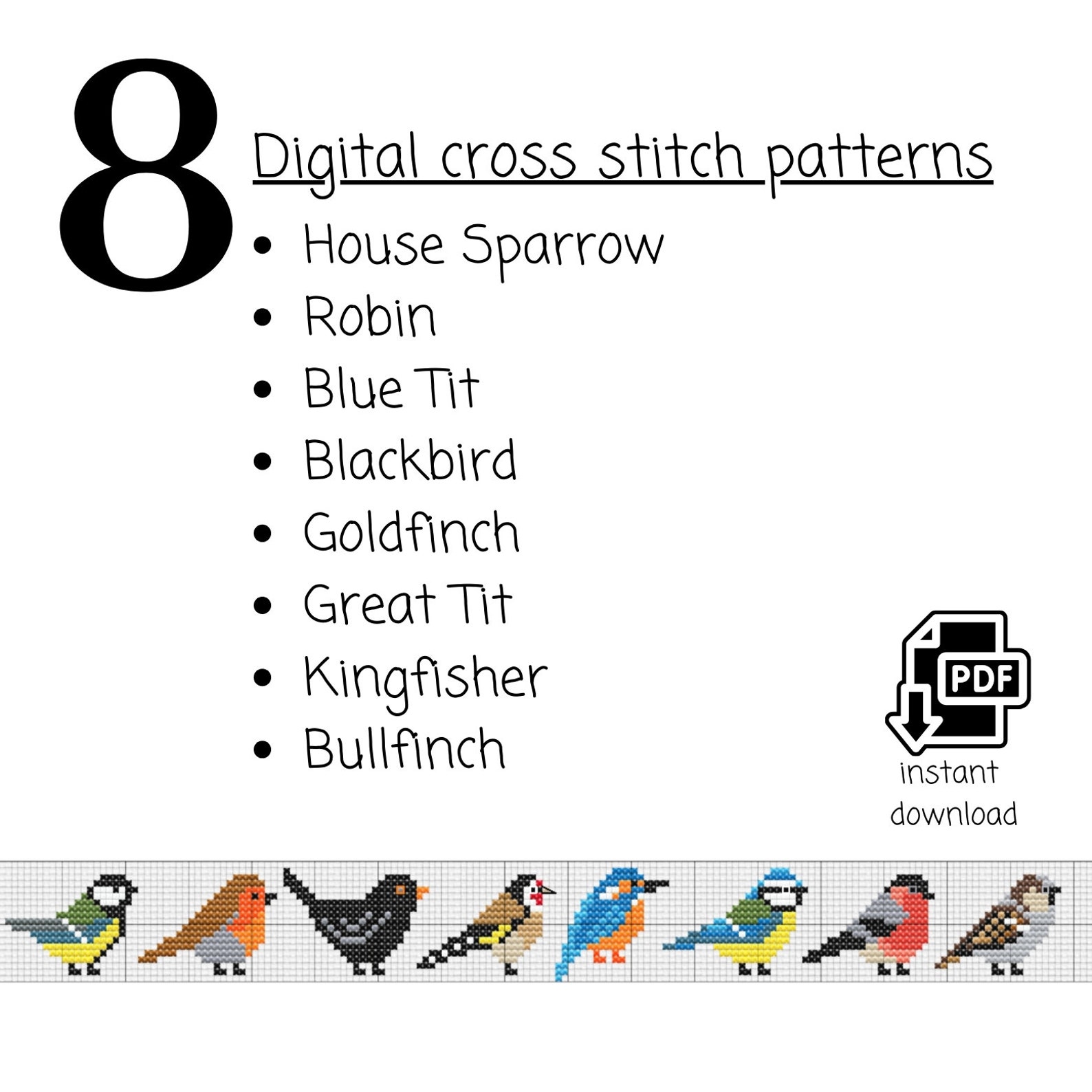 Birds Cross Stitch Pattern - Pack of 8 Embroidery Patterns - Easy Bird ...