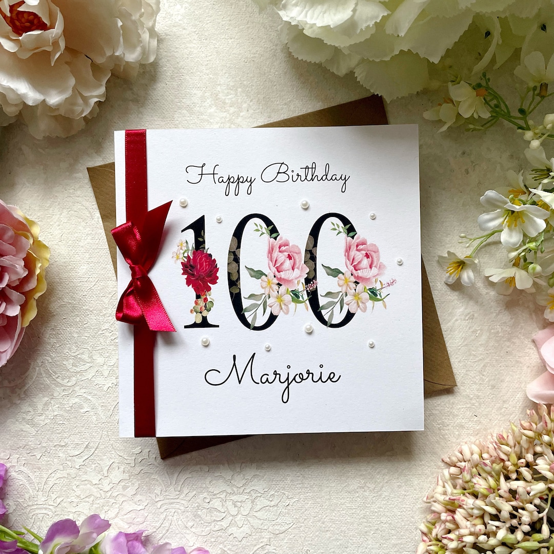 100th Birthday Card Personalised Large Numbers With Flowers Ribbon ...