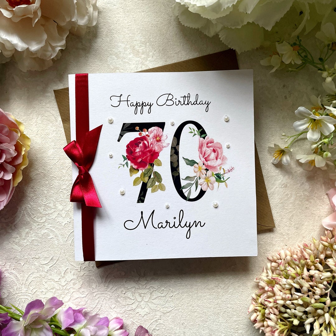 70th Birthday Card Personalised Large Numbers With Flowers Ribbon & Bow ...