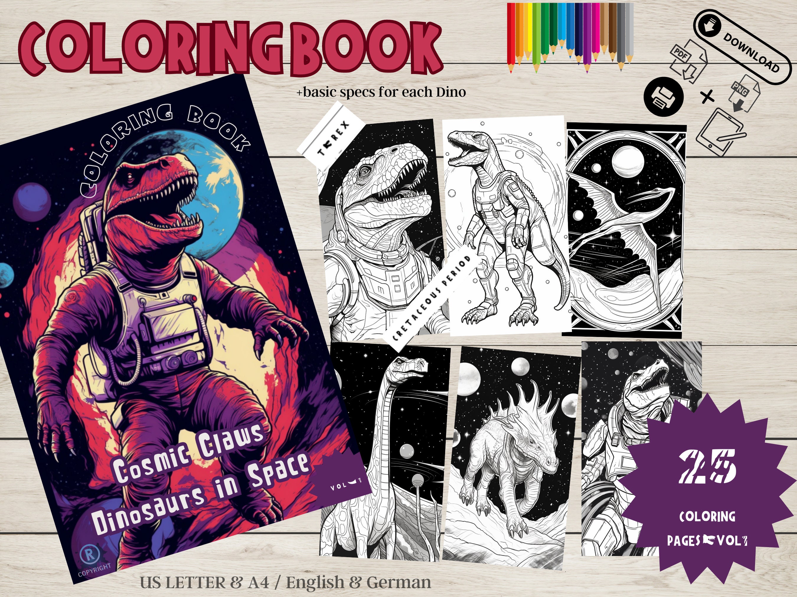 Cosmic Claws: Dinos in Space | 25 Printable Coloring Pages | Book - Vol ...