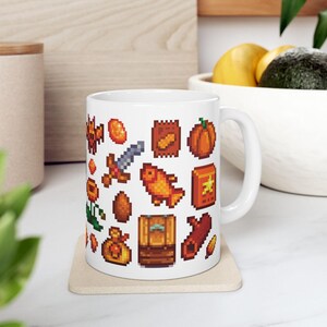 Stardew Valley Orange Aesthetic Mug - Fish, Gems, Garfield Cat, Book ...