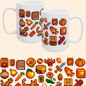 Stardew Valley Orange Aesthetic Mug - Fish, Gems, Garfield Cat, Book ...