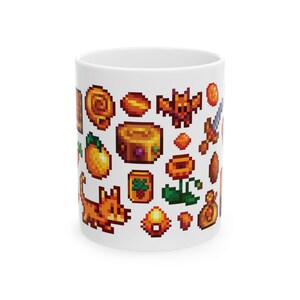 Stardew Valley Orange Aesthetic Mug - Fish, Gems, Garfield Cat, Book ...