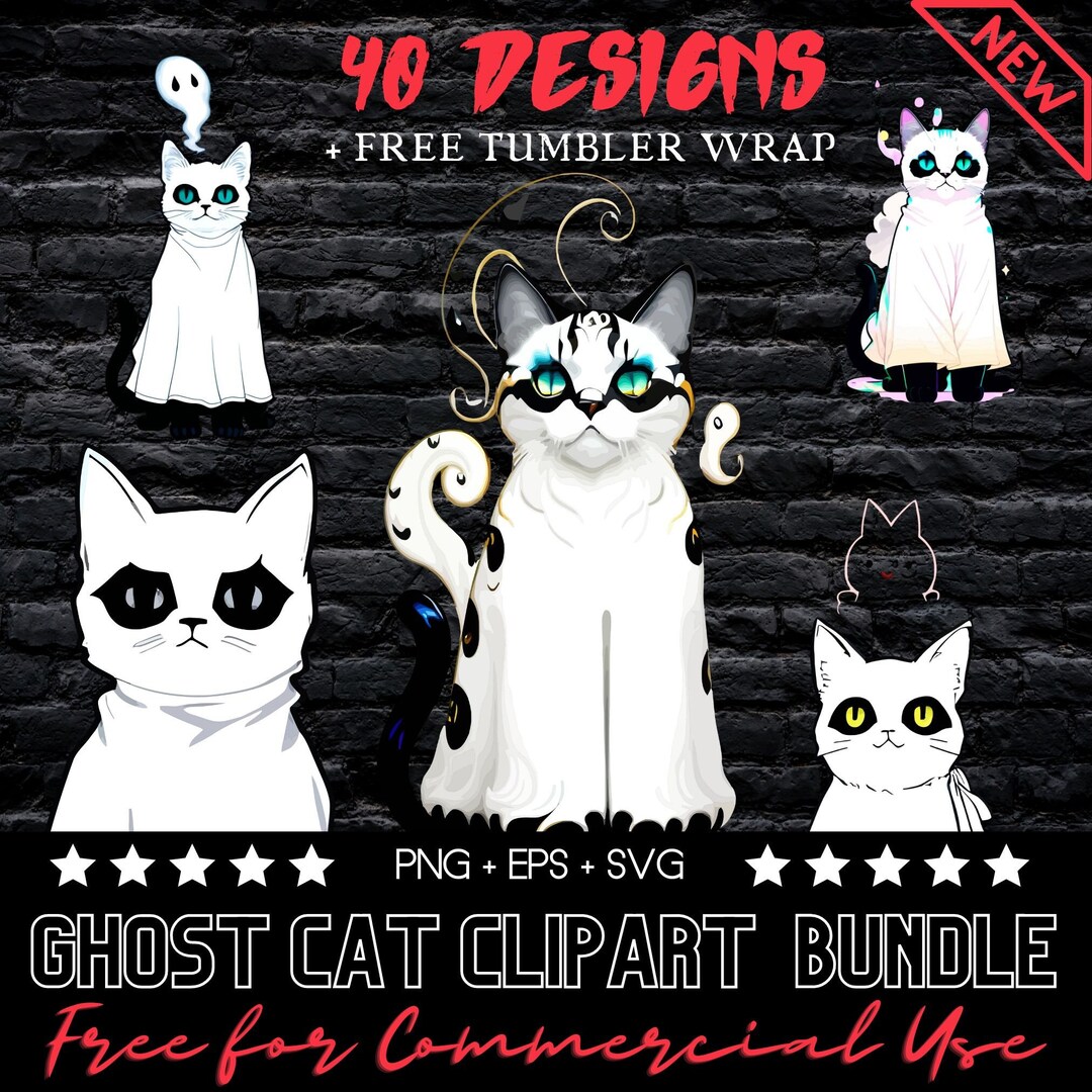 Cute Halloween Ghost Cat Clipart Bundle 40 High-quality Images ...