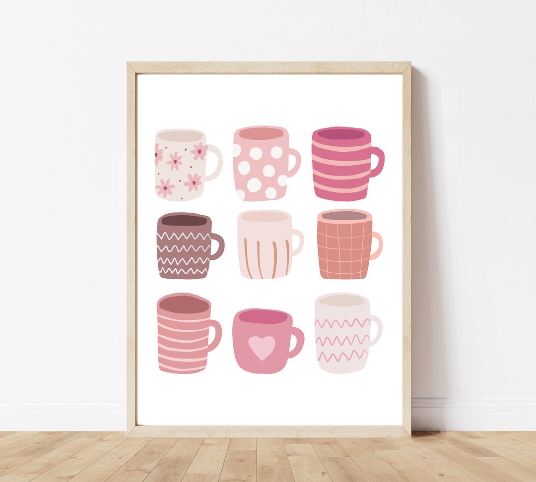 Pink Coffee Mugs Print Coffee Art Digital Print Kitchen Poster Coffee ...
