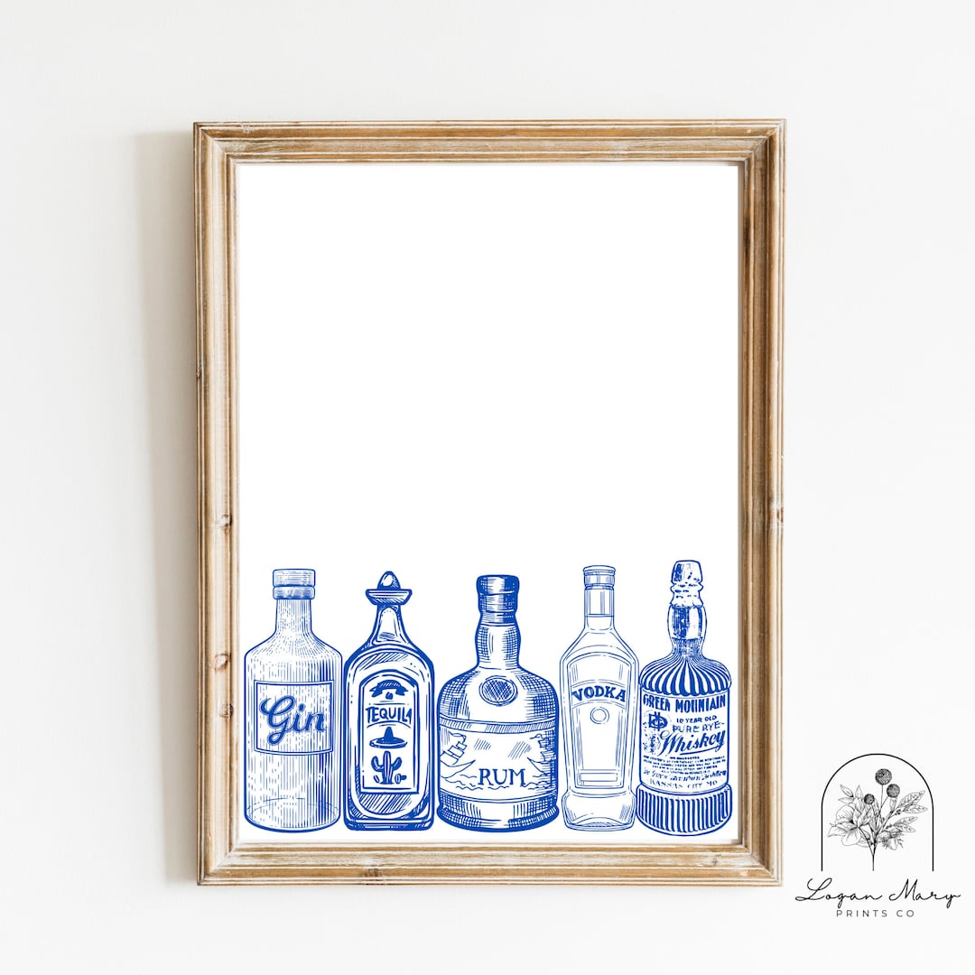 Blue Bar Cart Print | Alcohol Print | Colorful Bar Art | Spirits ...