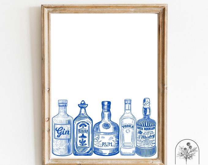 Blue Bar Cart Print Alcohol Print Colorful Bar Art Spirits Tequila ...
