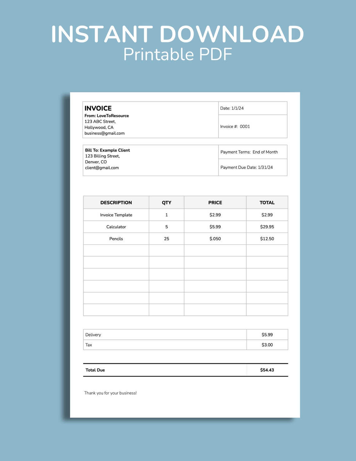Invoice Template Printable A4 & Letter PDF Invoice - Etsy