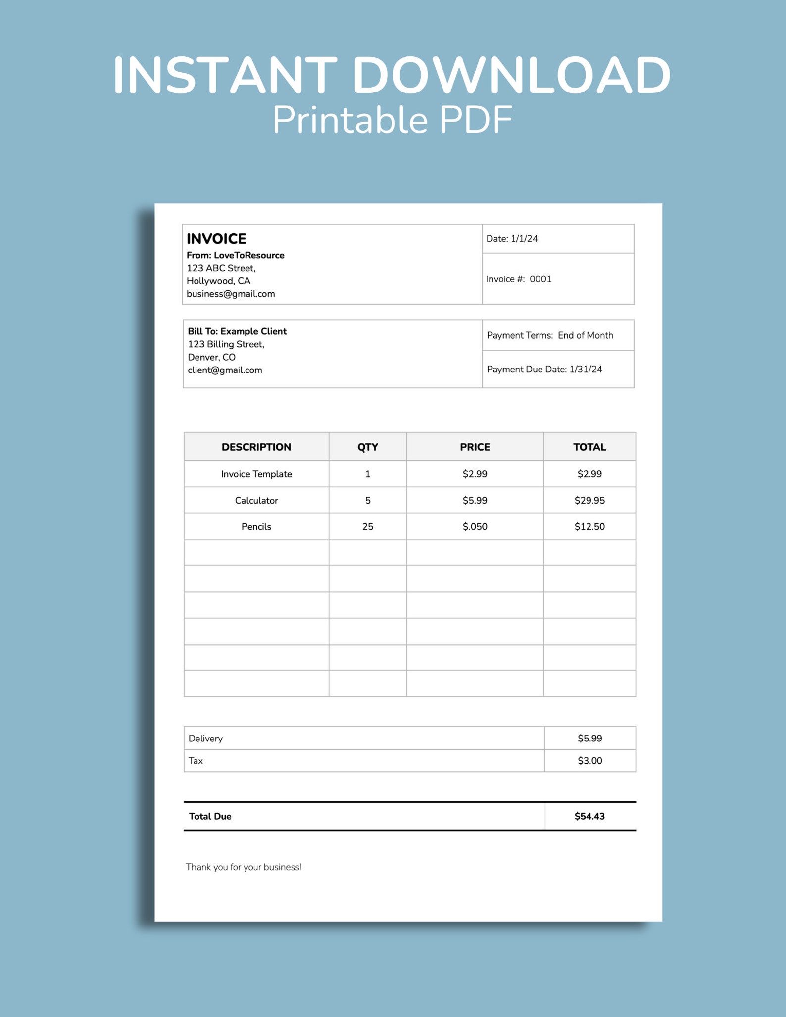 Invoice Template Printable A4 & Letter PDF Invoice - Etsy
