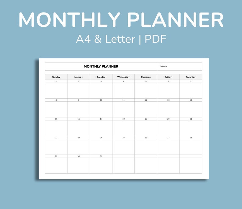 Monthly Planner Printable A4 & Letter PDF Template - Etsy UK