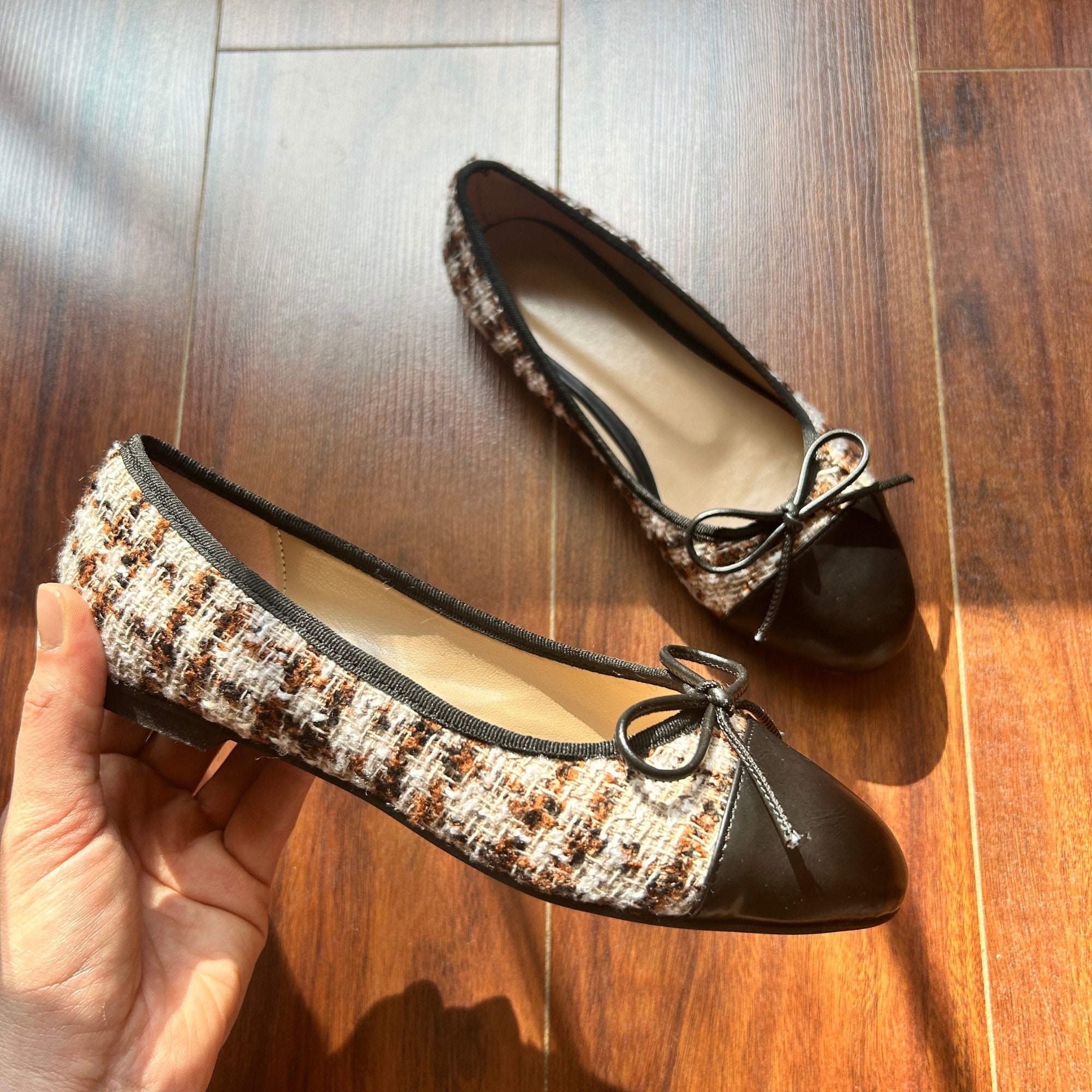Brown Tweed Black Leather Toe Flats for Women Bow Shoe Clip Detailed ...