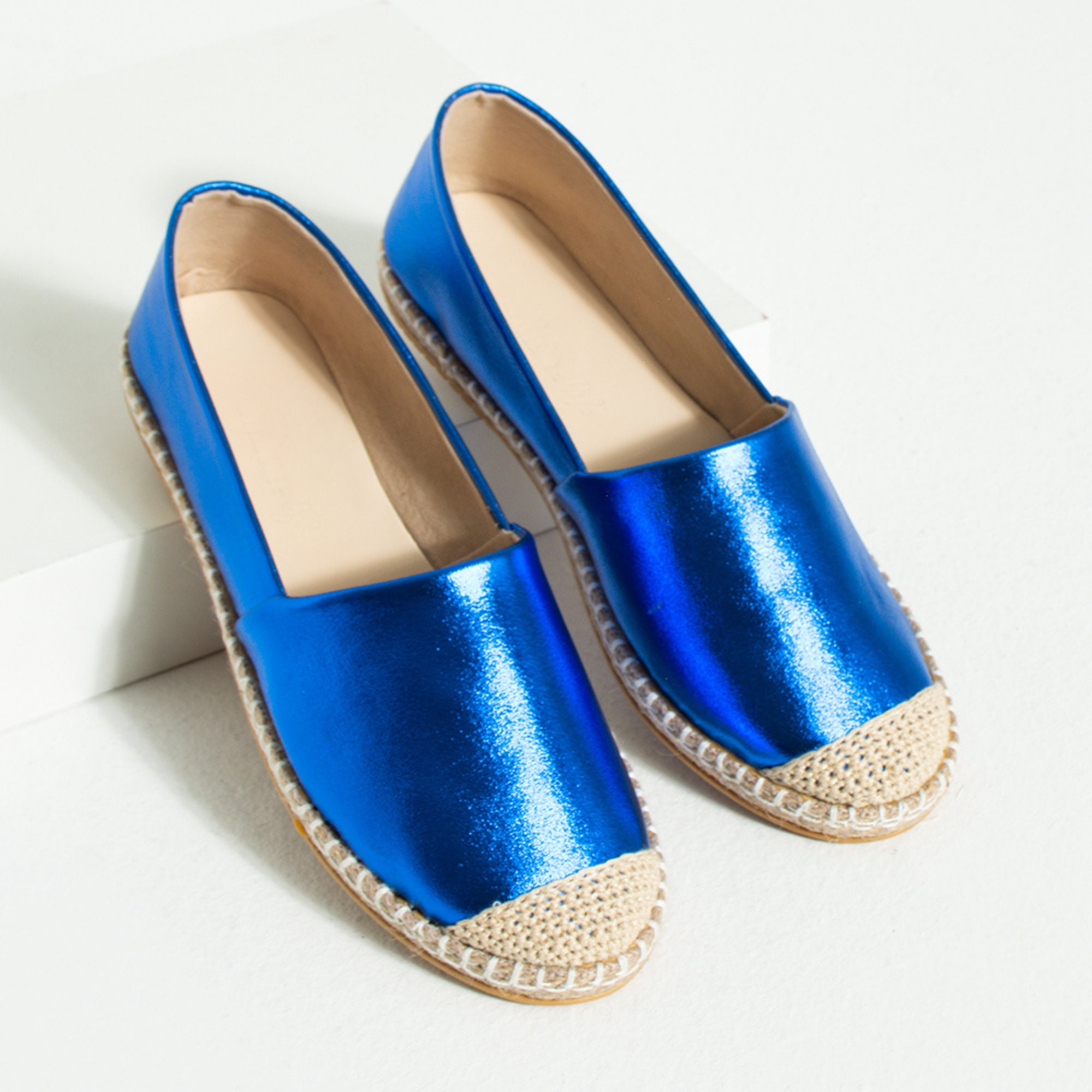 Shiny Metallic Blue Handmade Espadrilles Women, Shiny Blue Leather ...